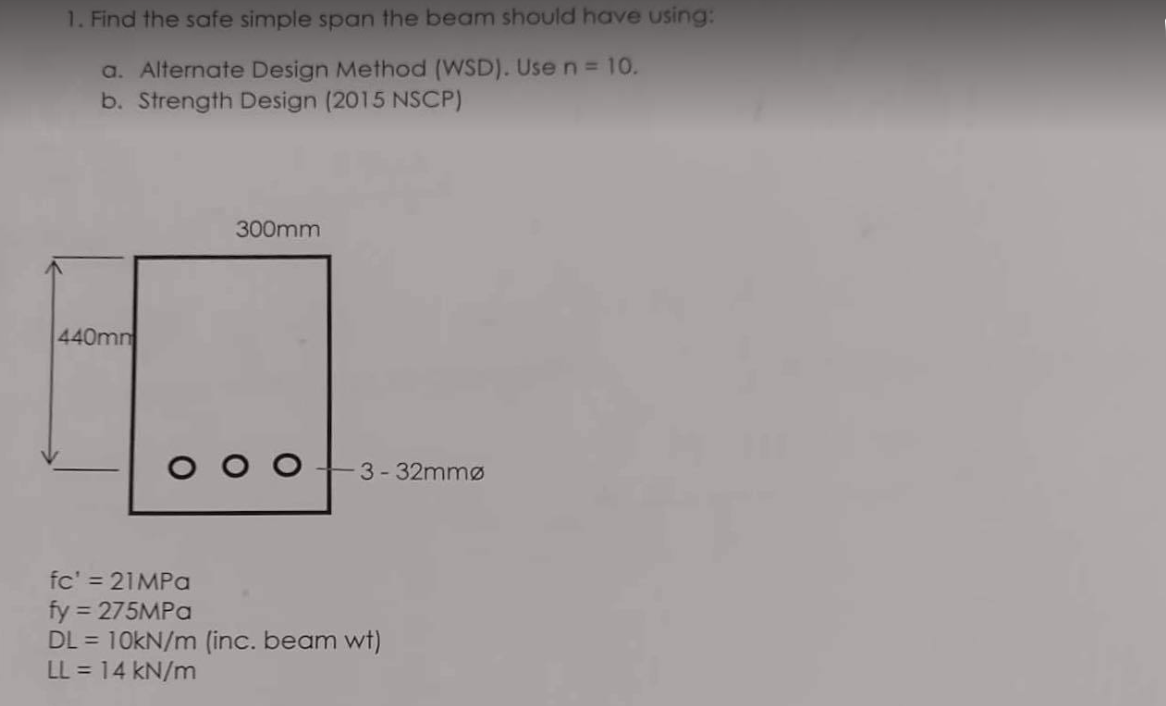 Solved 1. Find the safe simple span the beam should have | Chegg.com