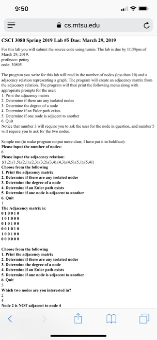 Solved 9:50 a cs.mtsu.edu CSCI 3080 Spring 2019 Lab #5 Due: | Chegg.com