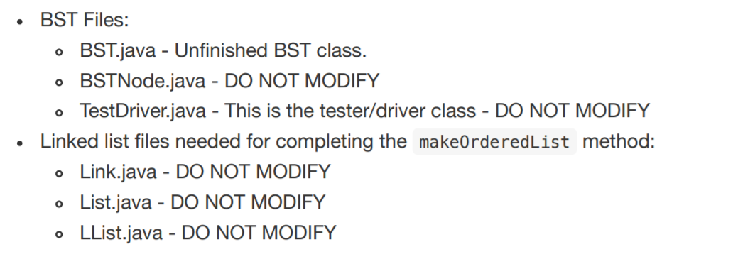 Solved . o O BST Files: BST.java - Unfinished BST class. • | Chegg.com