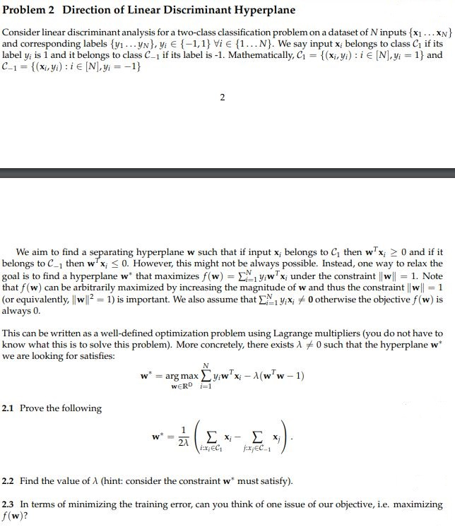 Direction of Linear Discriminate Hyperplane Consider | Chegg.com