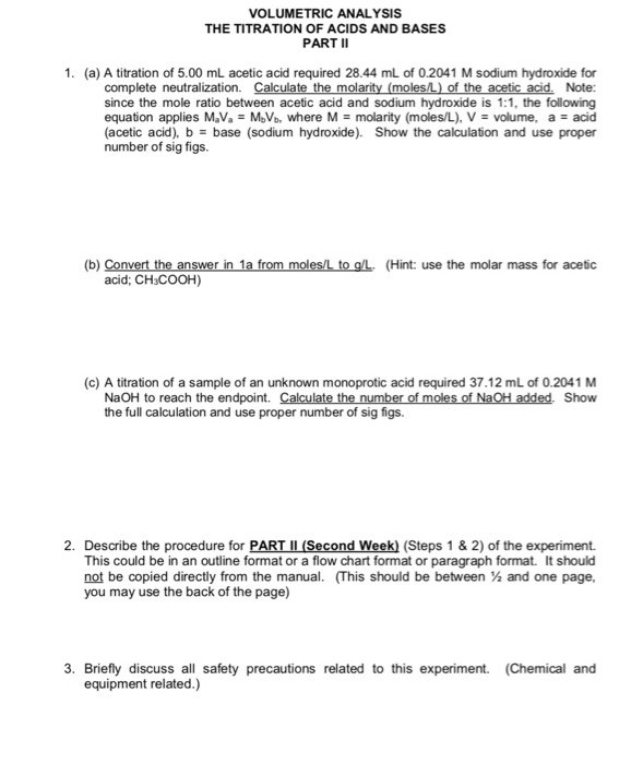 Solved VOLUMETRIC ANALYSIS THE TITRATION OF ACIDS AND BASES | Chegg.com