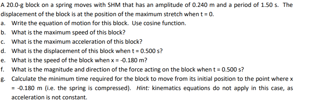 Solved A 20.0-g block on a spring moves with SHM that has an | Chegg.com