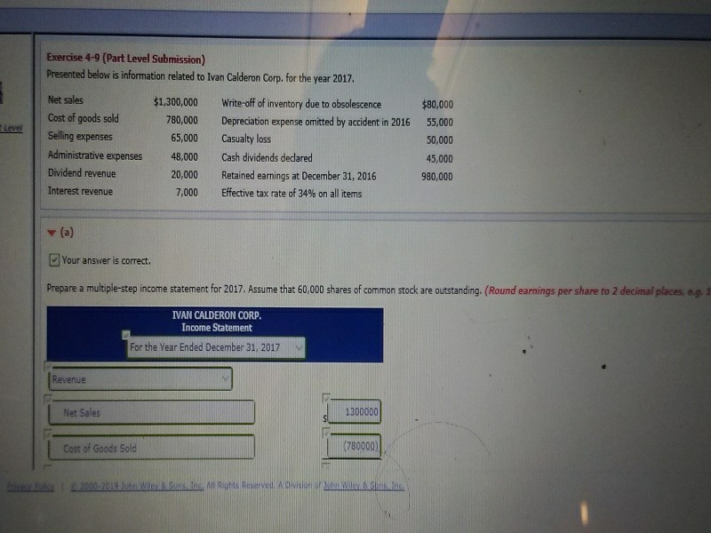 Solved Exercise 4-9 (Part Level Submission) Presented below | Chegg.com