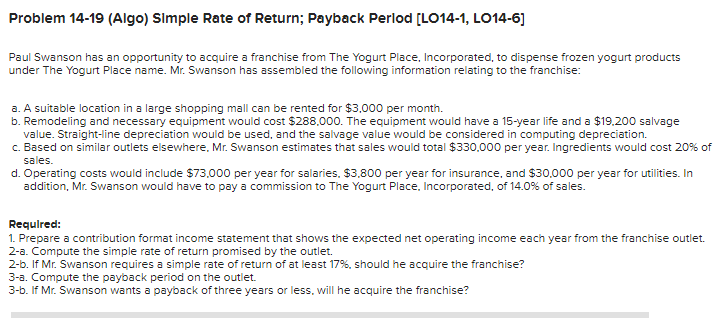 Solved Problem 14-19 (Algo) SImple Rate of Return; Payback | Chegg.com