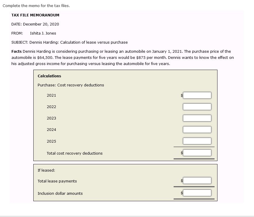 Solved Complete the memo for the tax files. TAX FILE | Chegg.com