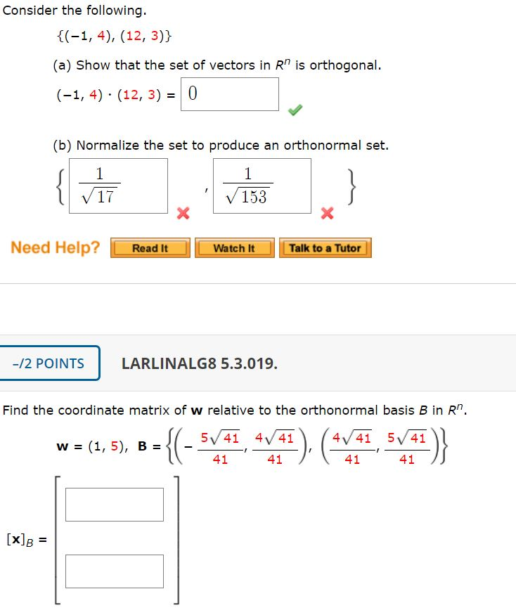 Solved Consider the following. {(-1, 4), (12,3)} (a) Show | Chegg.com