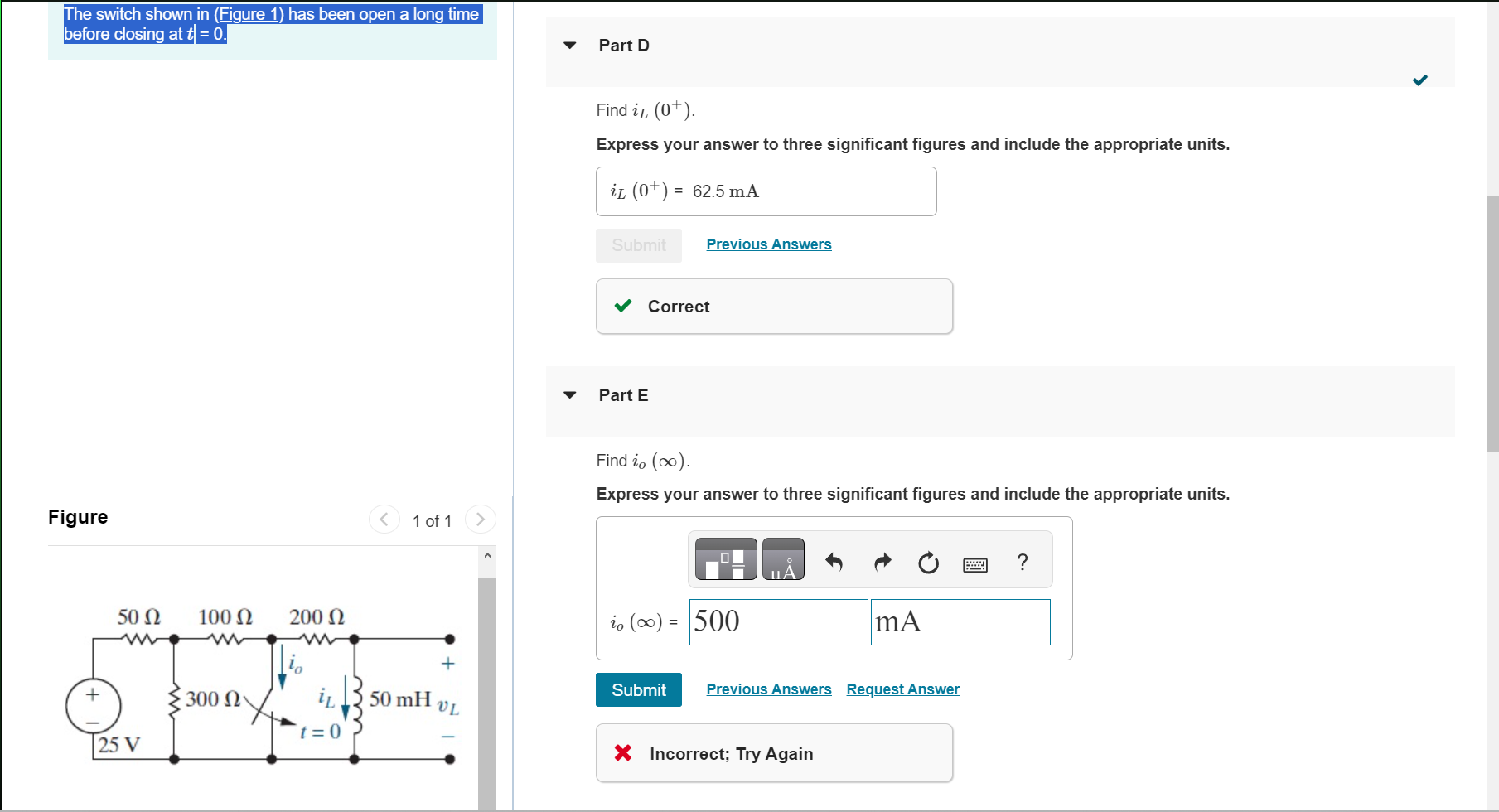 Solved The switch shown in (Figure 1) has been open a long | Chegg.com