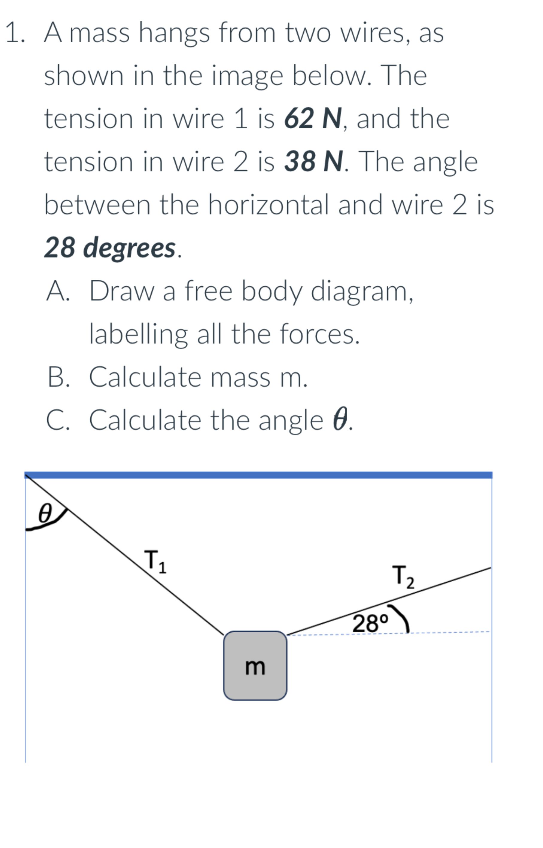 Solved A mass hangs from two wires, asshown in the image | Chegg.com