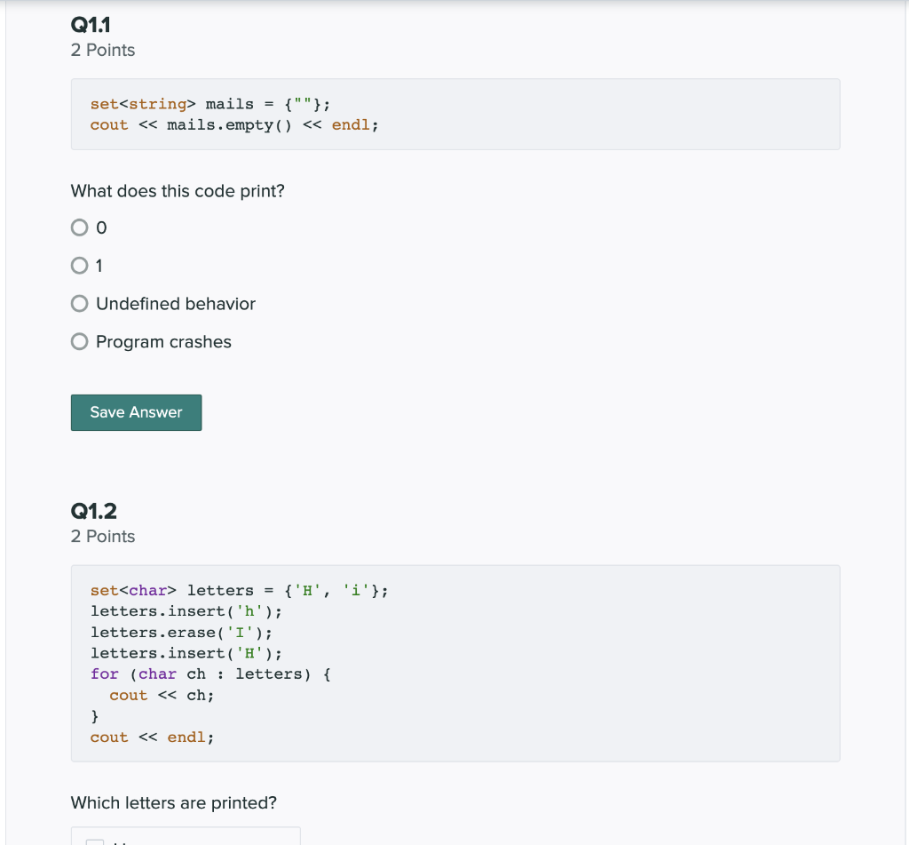 Solved set mails ={"′ cout ≪ mails.empty ()≪ endl; What does | Chegg.com