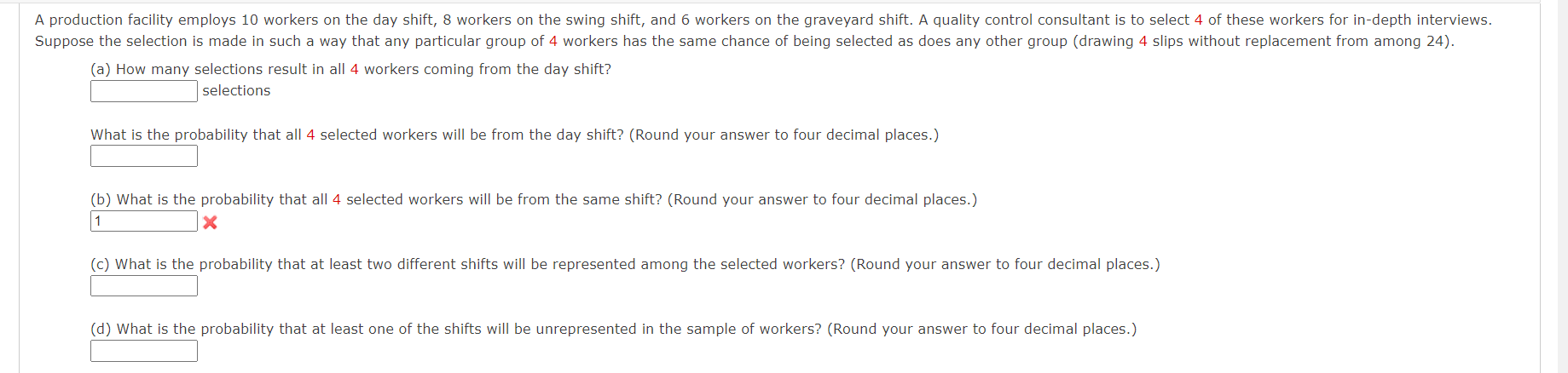 Solved (a) How many selections result in all 4 workers | Chegg.com