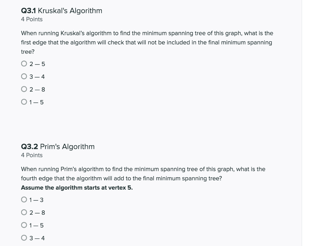 Solved Q3 Minimum Spanning Tree 8 Points For the next two | Chegg.com