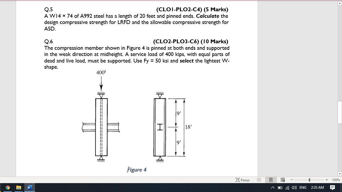 Solved Q.5 (CLOI-PLO2-C4) (5 Marks) A WI4 74 of A992 steel | Chegg.com