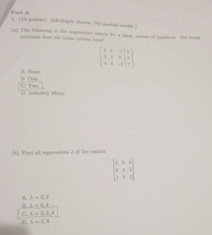 Solved Part A 1. (12 pointa) (Multiple choice. No partial | Chegg.com
