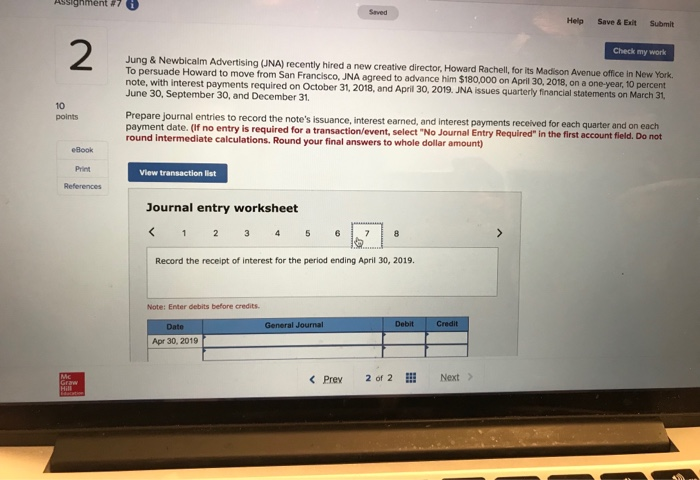 Solved Assignment #7 Help Save &Exit Submit Check my work | Chegg.com