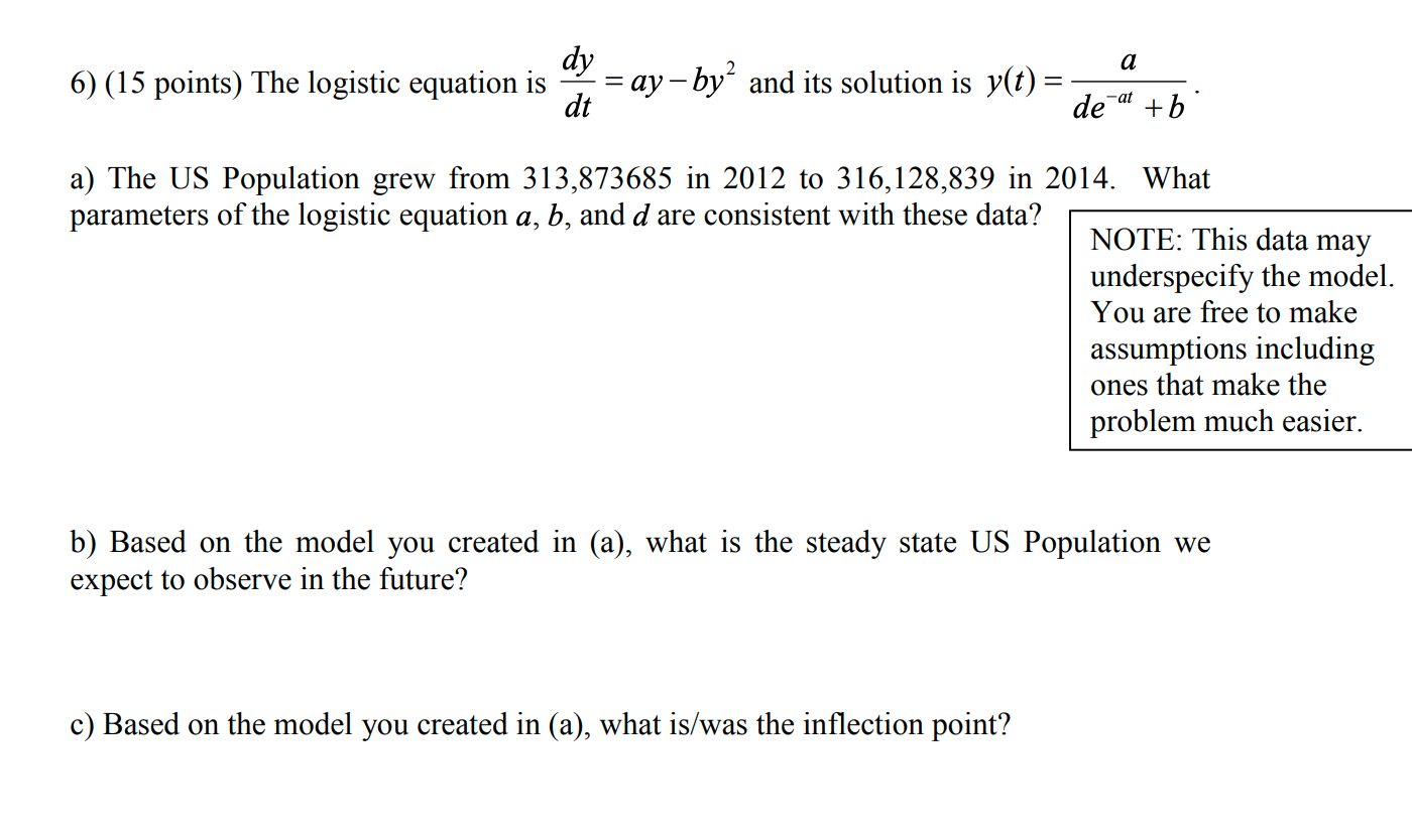 Solved 6) (15 points) The logistic equation is dtdy=ay−by2 | Chegg.com