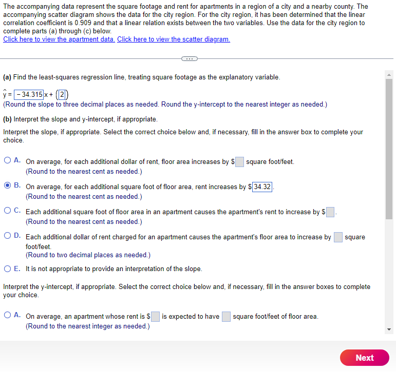 Solved Apartment Square Footage and RentScatter DiagramThe | Chegg.com