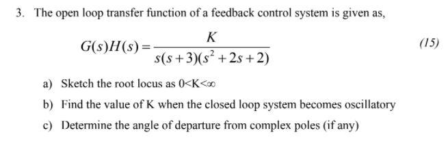 Solved 3. The open loop transfer function of a feedback | Chegg.com