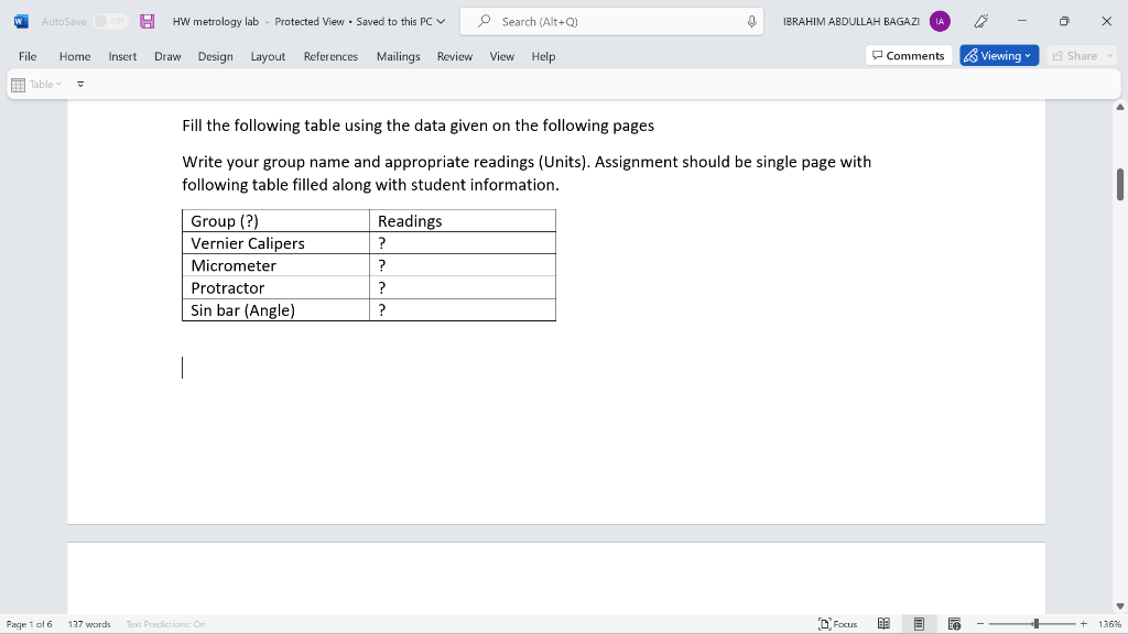 Solved Fill The Following Table Using The Data Given On The 
