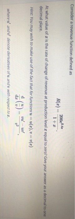 Solved Consider a revenue function defined as 2000.Az R(2) = | Chegg.com