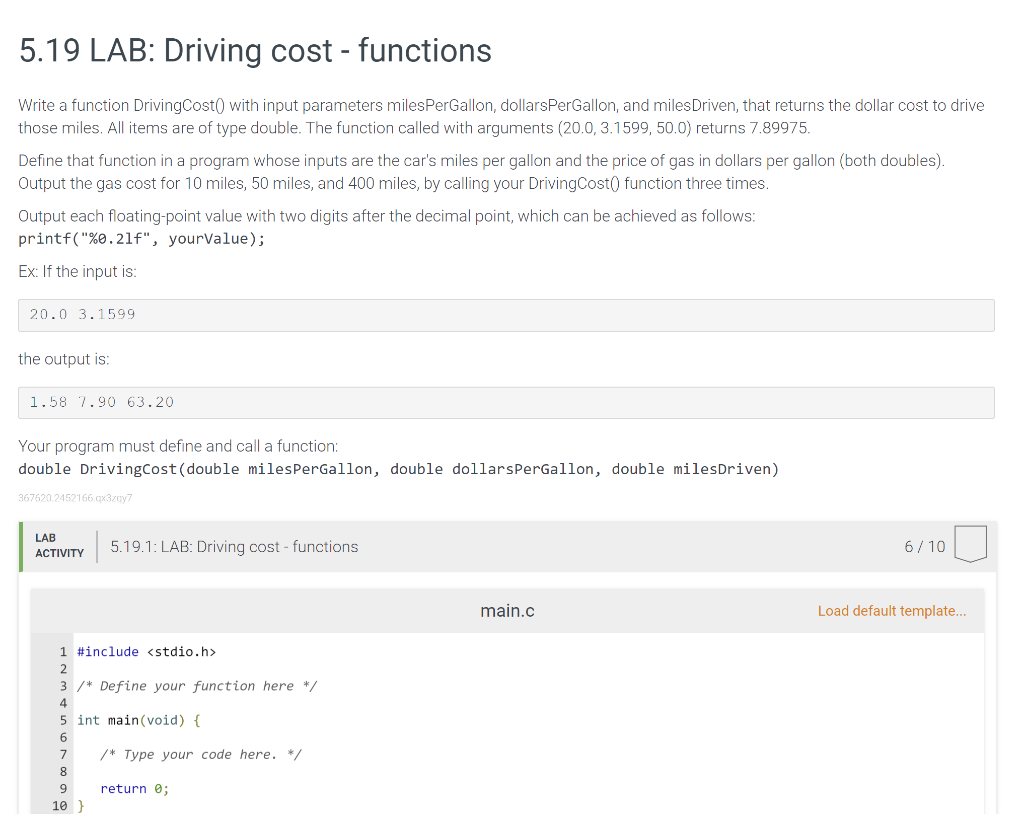 Solved 5.19 LAB: Driving cost - functions Write a function | Chegg.com