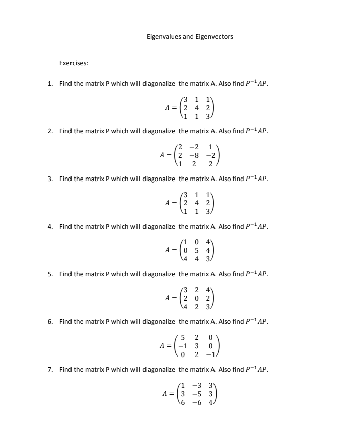 Eigenvalues and EigenvectorsExercises:Find the matrix | Chegg.com