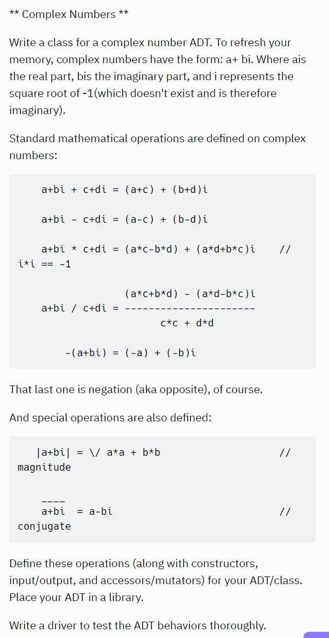 Solved Text Format: ** Complex Numbers ** Write a class for | Chegg.com