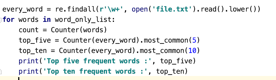 Solved output: Top five frequent words: [('he', 69), ('you', | Chegg.com