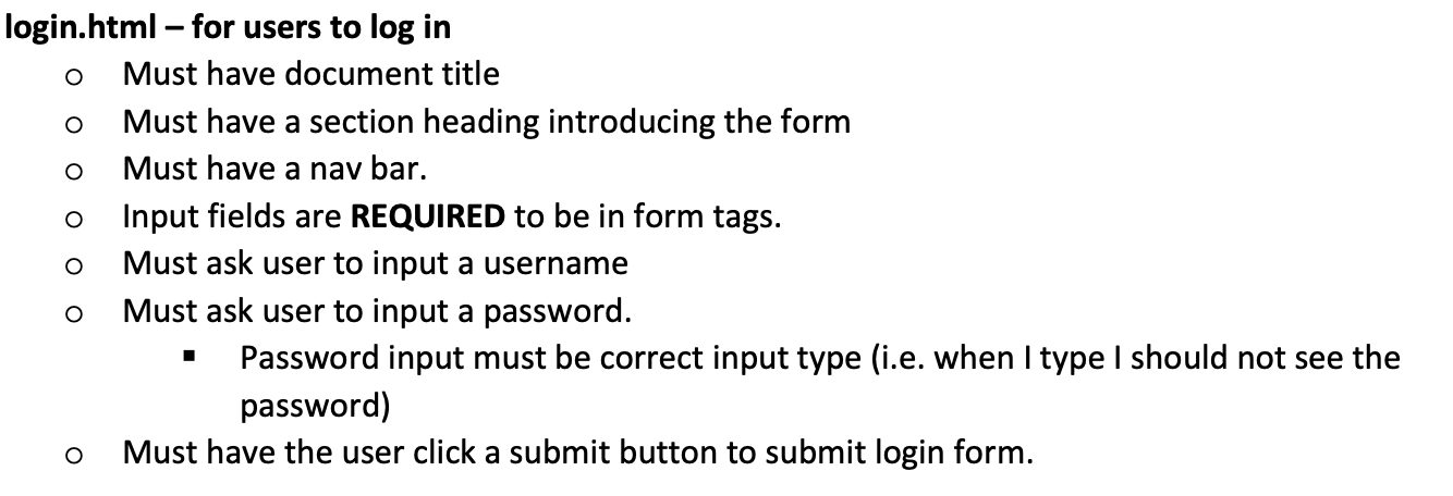Solved login.html - for users to log in o Must have document | Chegg.com