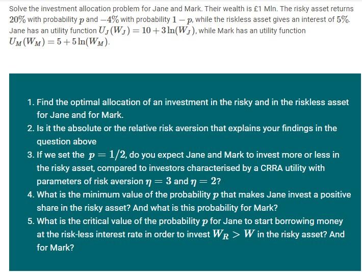 Solved Solve the investment allocation problem for Jane and | Chegg.com