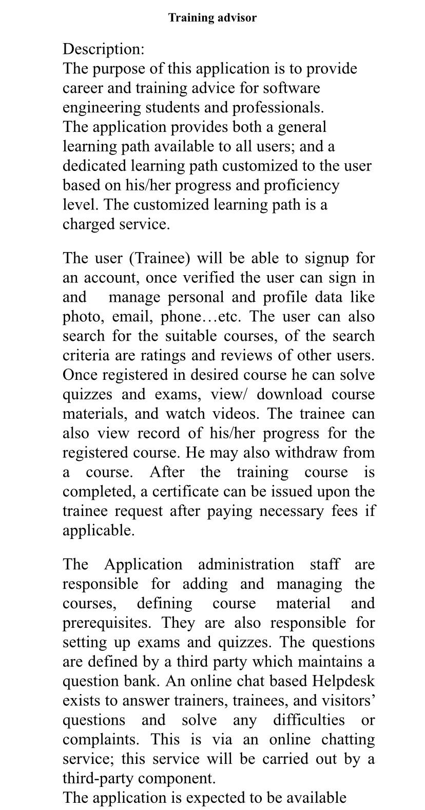 Solved Training advisor Description: The purpose of this | Chegg.com