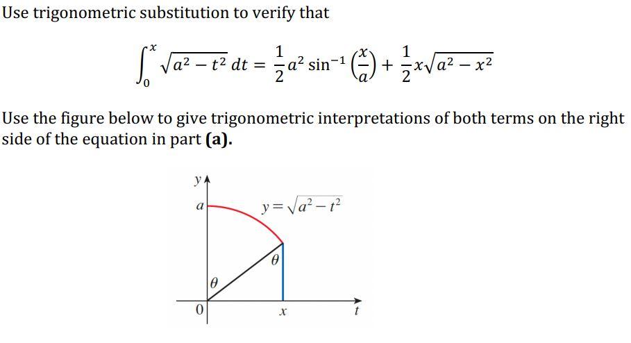 Solved Use trigonometric substitution to verify that Va? –ť? | Chegg.com