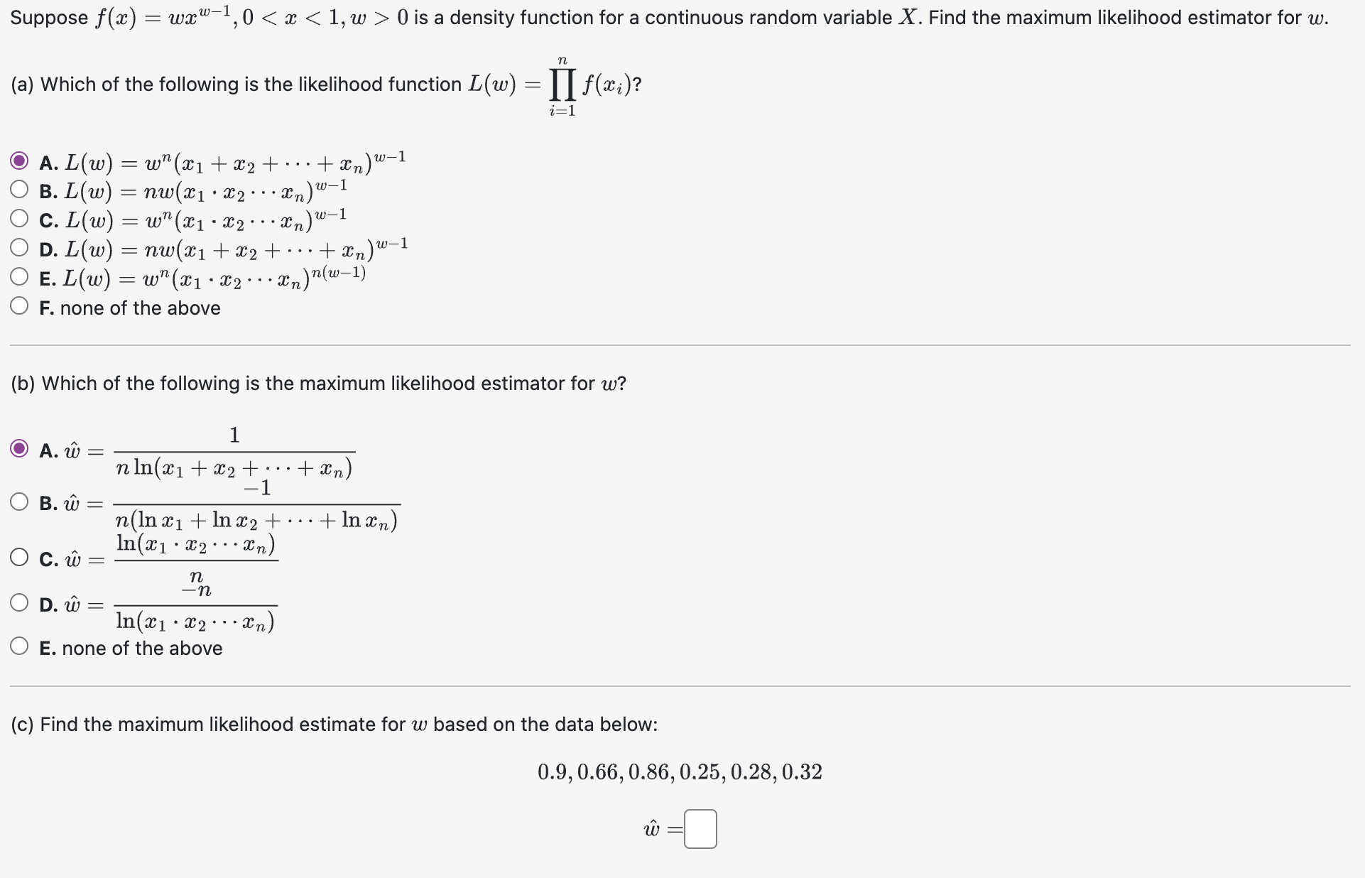 Solved Suppose f(x)=wxw−1,00 is a density function for a | Chegg.com
