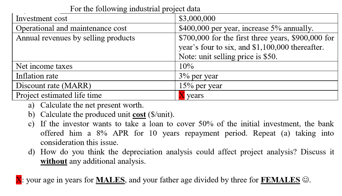 Solved For the following industrial project data Investment | Chegg.com