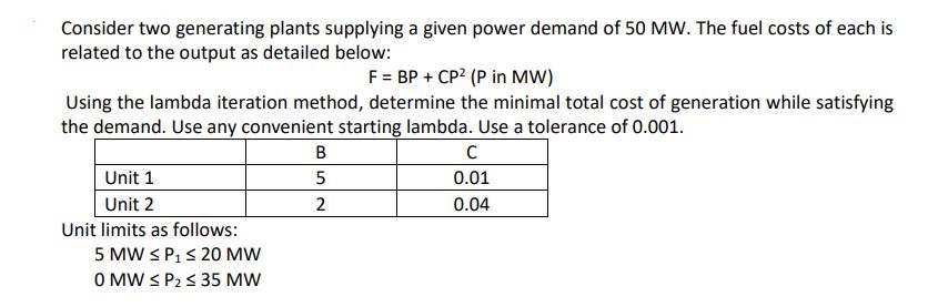 Solved Consider two generating plants supplying a given | Chegg.com