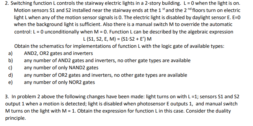 Solved 2. Switching function L controls the stairway | Chegg.com
