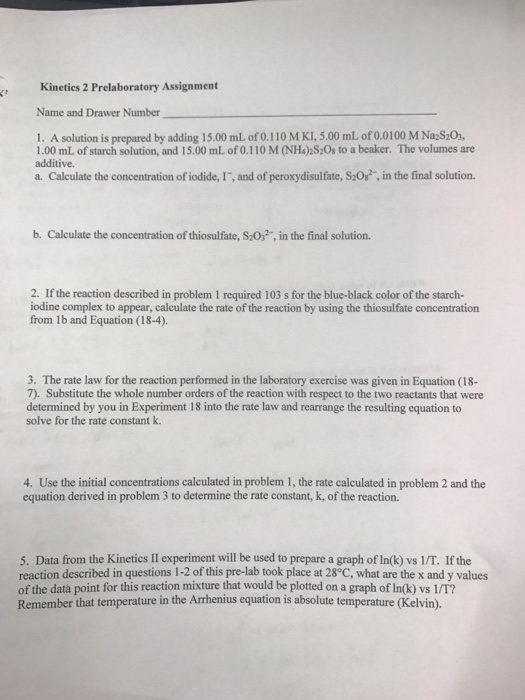 Kineties 2 Prelaboratory Assignment Name and Drawer | Chegg.com
