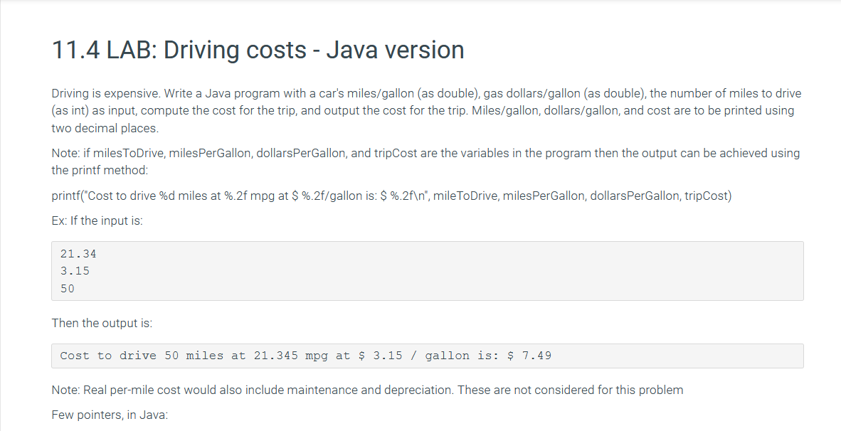 Solved 11.4 LAB: Driving costs - Java version Driving is | Chegg.com
