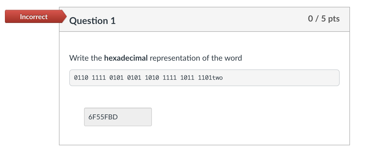 Solved Incorrect Question 1 0 / 5 pts Write the hexadecimal | Chegg.com