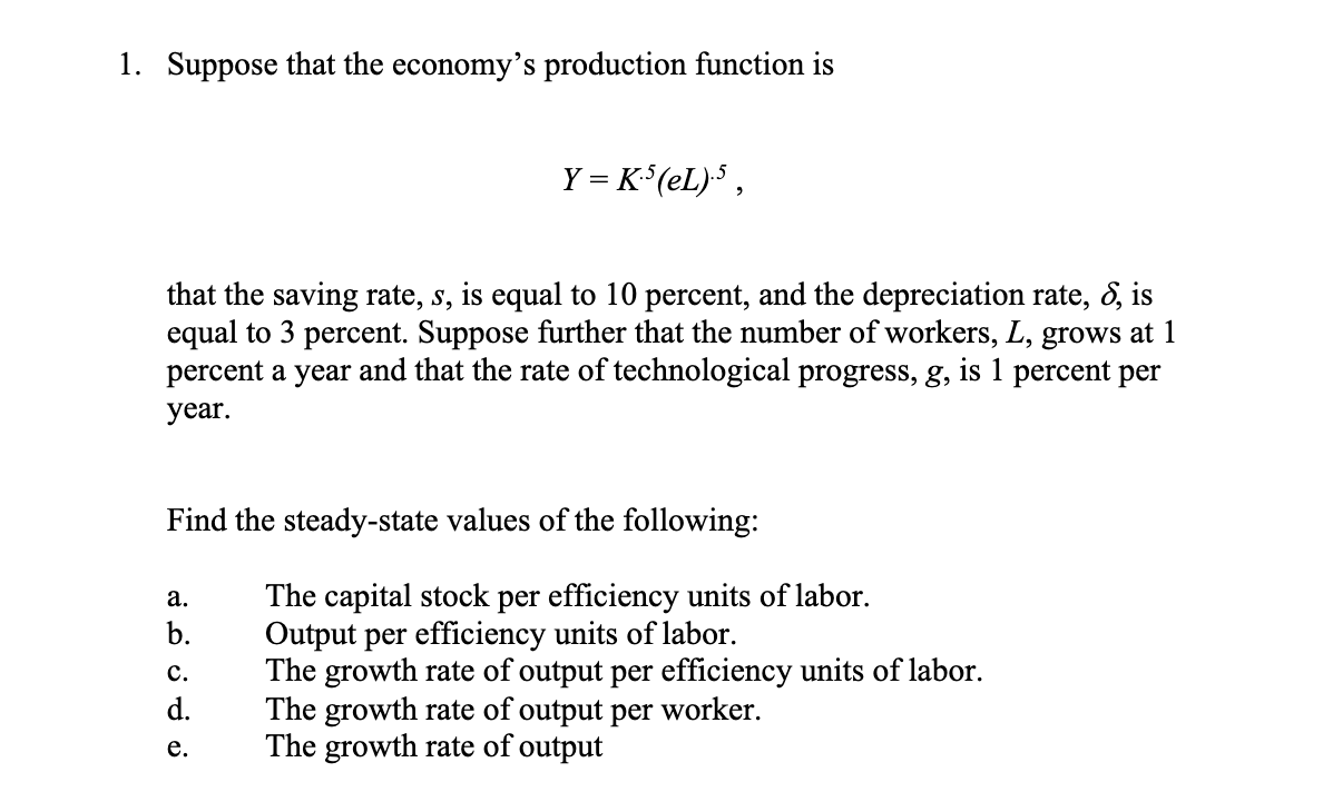 Solved 1. Suppose that the economy's production function is | Chegg.com