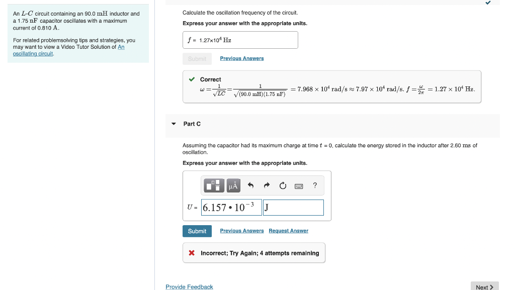 Solved An L C Circuit Containing An 90 0 Mh Inductor And A