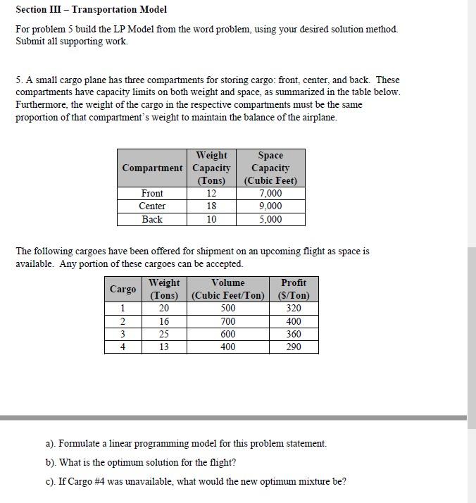 Solved Section III - Transportation Model For problem 5 | Chegg.com