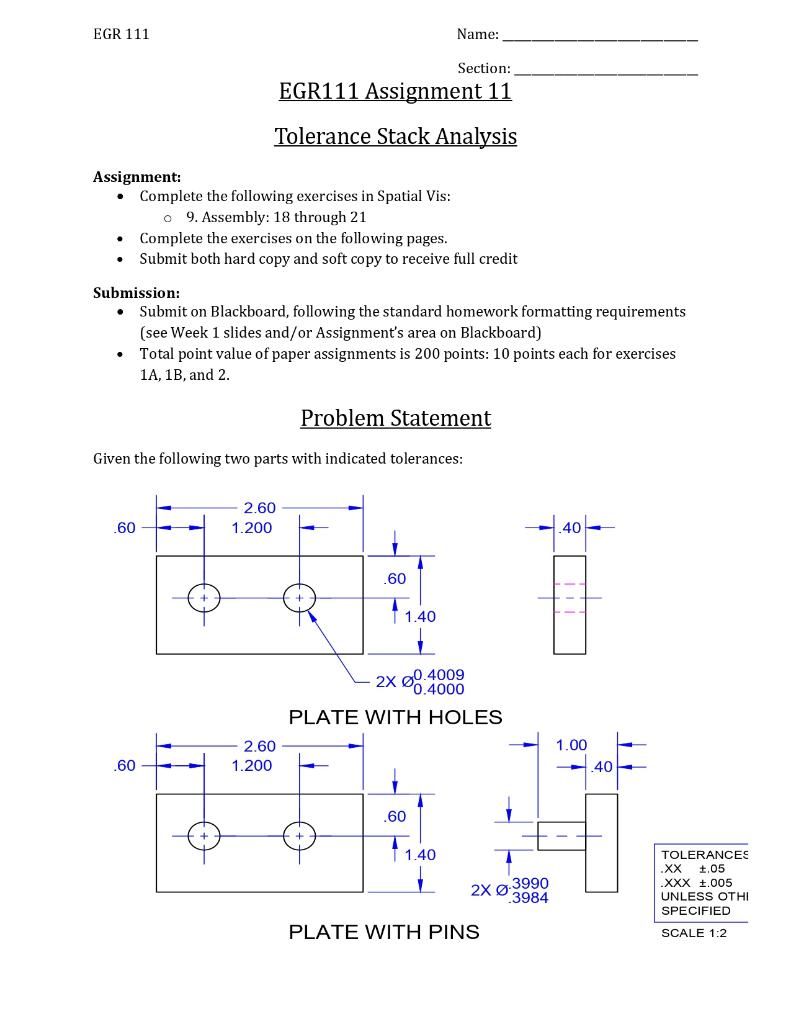EGR 111 Name: Section: EGR111 Assignment 11 Tolerance | Chegg.com