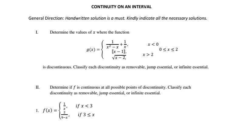 Solved CONTINUITY ON AN INTERVAL General Direction: | Chegg.com