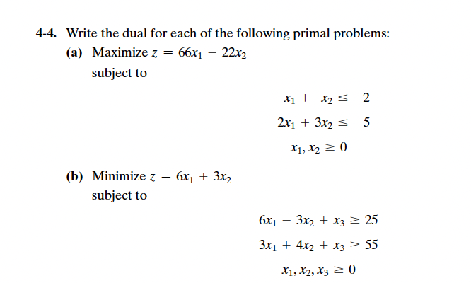 Solved 4-4. Write the dual for each of the following primal | Chegg.com