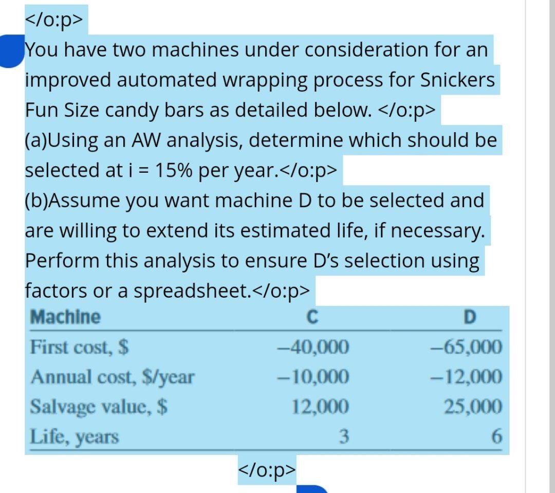 Solved You have two machines under consideration for an | Chegg.com