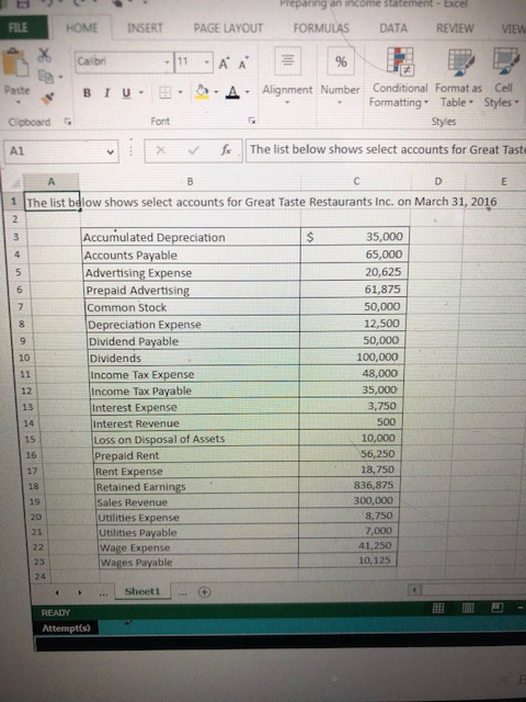 Preparing an Income Statement using Excel's SUM, | Chegg.com