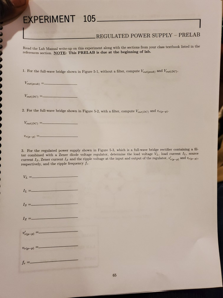 EXPERIMENT 105. REGULATED POWER SUPPLY - PRELAB Read | Chegg.com