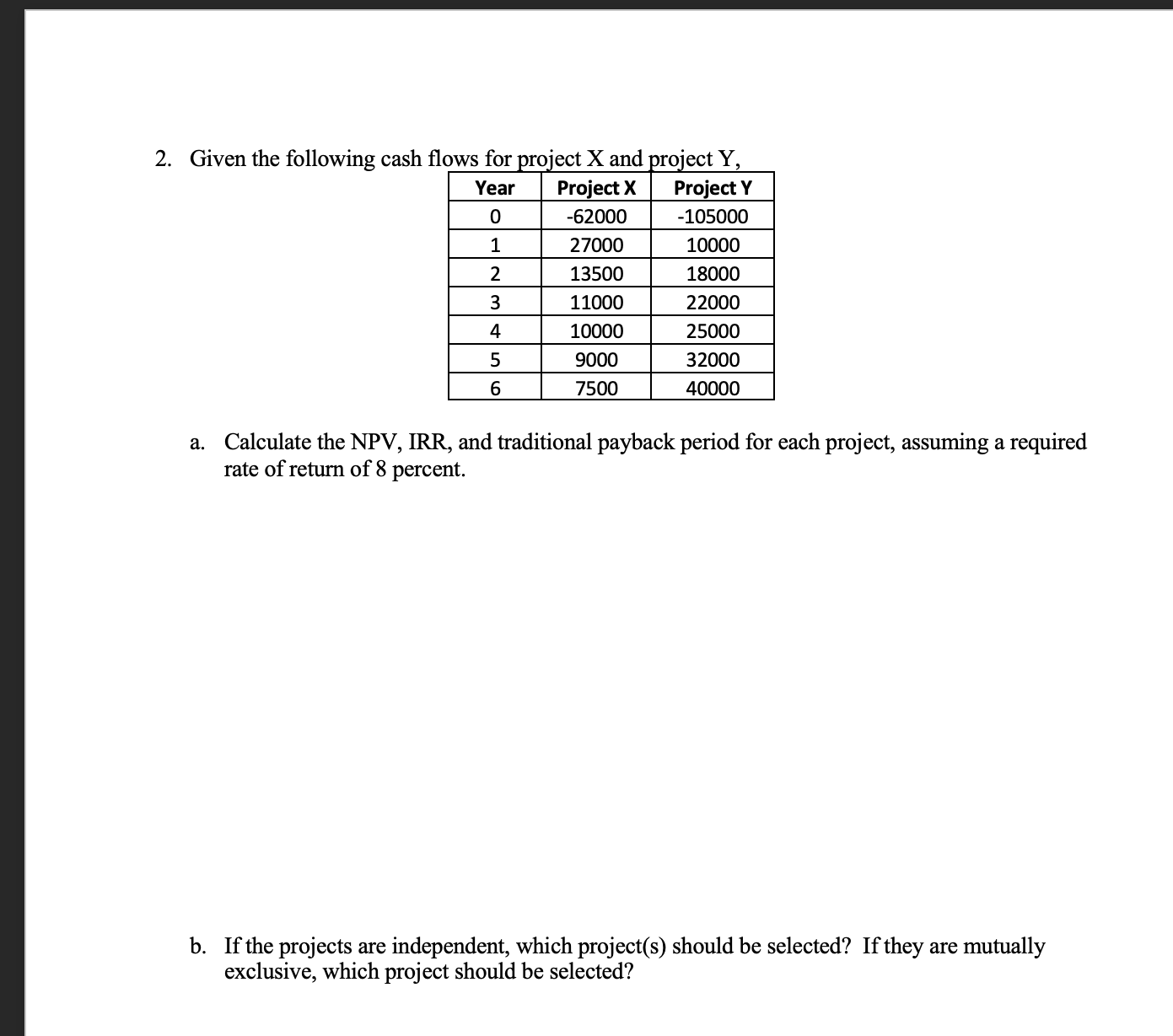 [Solved]: 2. Given the following cash flows for proiect X a