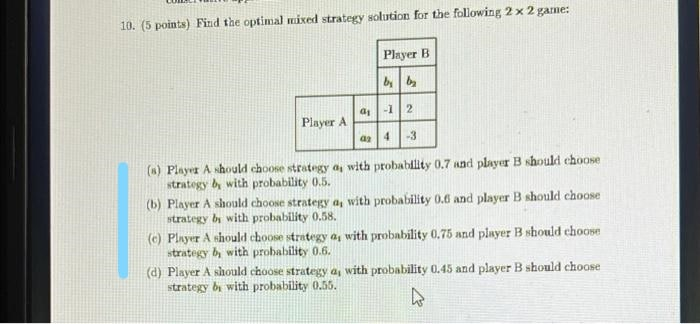 Solved 10. (5 points) Find the optimal mixed strategy | Chegg.com