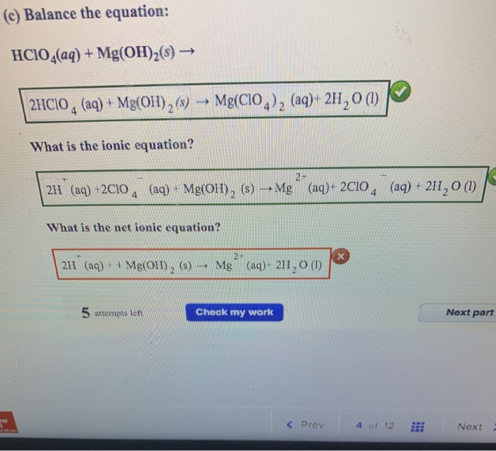 Solved (c) Balance the equation: HClO4(aq) + Mg(OH)2(s) → | Chegg.com